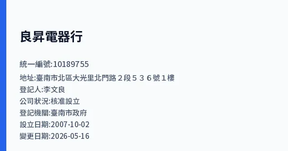 良昇電器行的照片-統編 10189755(臺南市) 公司登記資料與營業項目詳細圖表