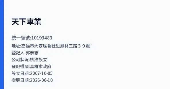 天下車業的照片-統編 10193483(高雄市) 公司登記資料與營業項目詳細圖表