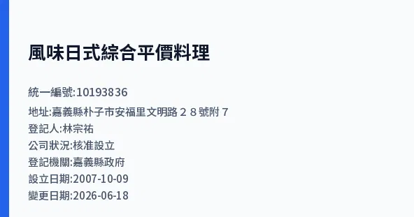 風味日式綜合平價料理的照片-統編 10193836(嘉義縣) 公司登記資料與營業項目詳細圖表