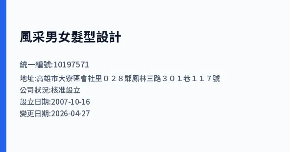 風采男女髮型設計的照片-統編 10197571(高雄市) 公司登記資料與營業項目詳細圖表