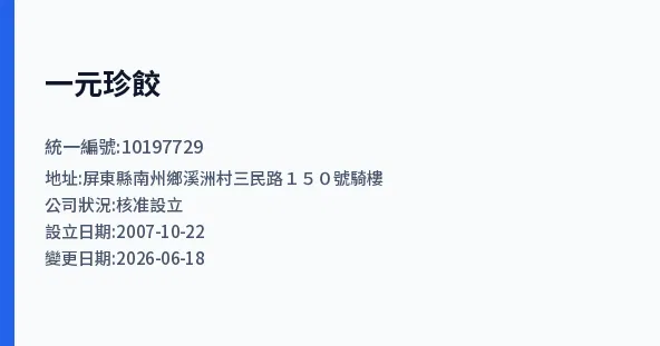 一元珍餃的照片-統編 10197729(屏東縣) 公司登記資料與營業項目詳細圖表