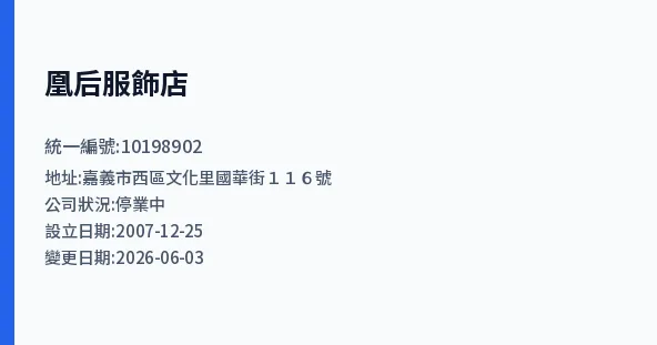 凰后服飾店的照片-統編 10198902(嘉義市) 公司登記資料與營業項目詳細圖表