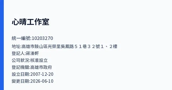心晴工作室的照片-統編 10203270(高雄市) 公司登記資料與營業項目詳細圖表