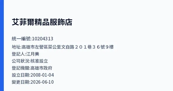 艾菲爾精品服飾店的照片-統編 10204313(高雄市) 公司登記資料與營業項目詳細圖表