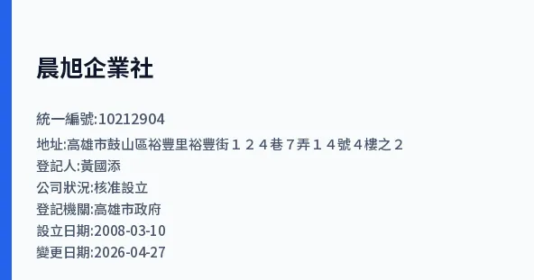 晨旭企業社的照片-統編 10212904(高雄市) 公司登記資料與營業項目詳細圖表