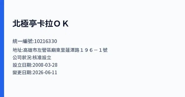北極亭卡拉OK的照片-統編 10216330(高雄市) 公司登記資料與營業項目詳細圖表