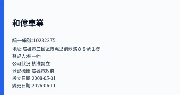 和億車業的照片-統編 10232275(高雄市) 公司登記資料與營業項目詳細圖表