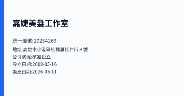 嘉婕美髮工作室的照片-統編 10234169(高雄市) 公司登記資料與營業項目詳細圖表
