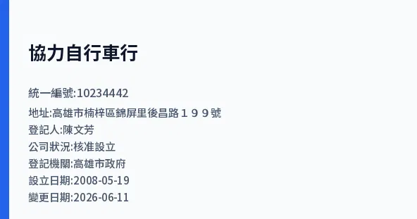 協力自行車行的照片-統編 10234442(高雄市) 公司登記資料與營業項目詳細圖表