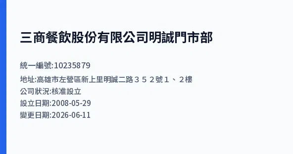 三商餐飲股份有限公司明誠門市部的照片-統編 10235879(高雄市) 公司登記資料與營業項目詳細圖表