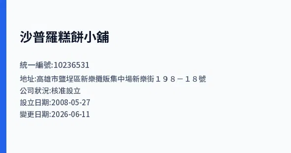 沙普羅糕餅小舖的照片-統編 10236531(高雄市) 公司登記資料與營業項目詳細圖表