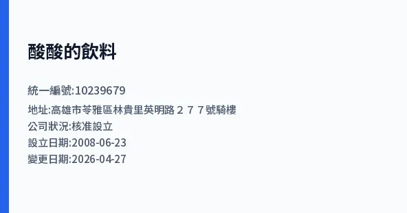 酸酸的飲料的照片-統編 10239679(高雄市) 公司登記資料與營業項目詳細圖表