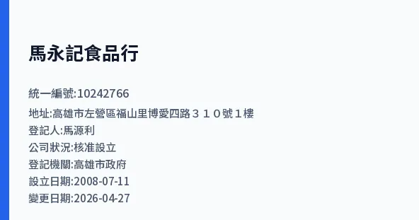 馬永記食品行的照片-統編 10242766(高雄市) 公司登記資料與營業項目詳細圖表
