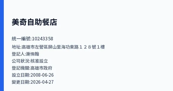 美奇自助餐店的照片-統編 10243358(高雄市) 公司登記資料與營業項目詳細圖表