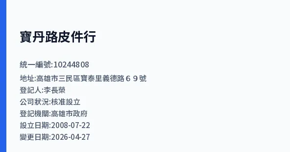 寶丹路皮件行的照片-統編 10244808(高雄市) 公司登記資料與營業項目詳細圖表