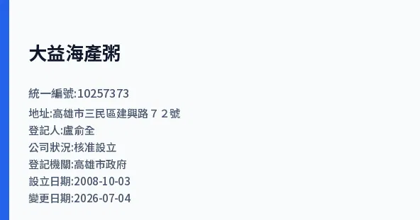 大益海產粥的照片-統編 10257373(高雄市) 公司登記資料與營業項目詳細圖表