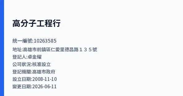 高分子工程行的照片-統編 10263585(高雄市) 公司登記資料與營業項目詳細圖表