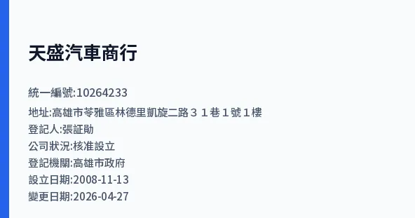 天盛汽車商行的照片-統編 10264233(高雄市) 公司登記資料與營業項目詳細圖表