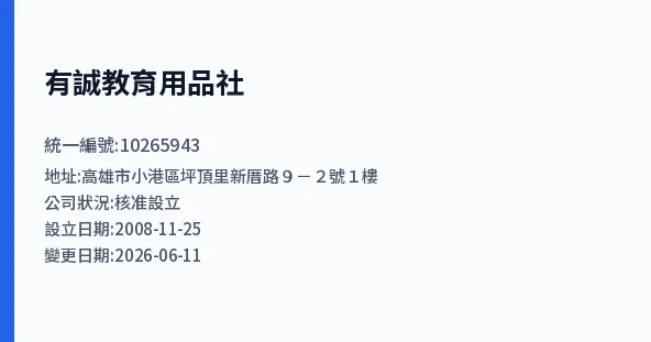 有誠教育用品社的照片-統編 10265943(高雄市) 公司登記資料與營業項目詳細圖表