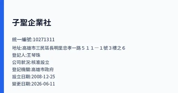 子聖企業社的照片-統編 10271311(高雄市) 公司登記資料與營業項目詳細圖表