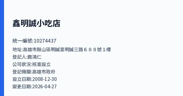 鑫明誠小吃店的照片-統編 10274437(高雄市) 公司登記資料與營業項目詳細圖表