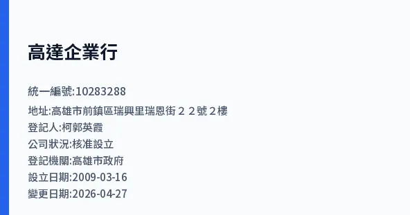 高達企業行的照片-統編 10283288(高雄市) 公司登記資料與營業項目詳細圖表