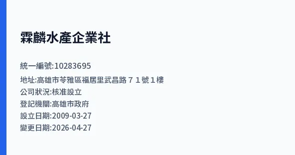 霖麟水產企業社的照片-統編 10283695(高雄市) 公司登記資料與營業項目詳細圖表