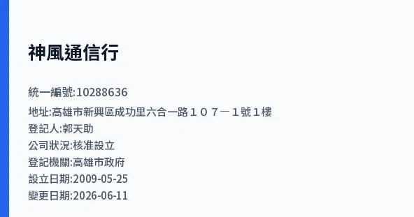 神風通信行的照片-統編 10288636(高雄市) 公司登記資料與營業項目詳細圖表