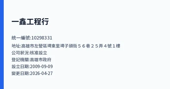 一鑫工程行的照片-統編 10298331(高雄市) 公司登記資料與營業項目詳細圖表