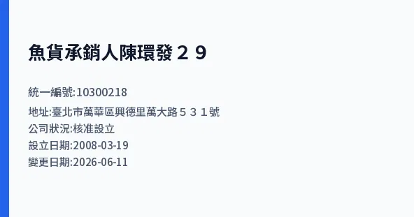 魚貨承銷人陳環發29的照片-統編 10300218(臺北市) 公司登記資料與營業項目詳細圖表
