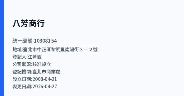 八芳商行的照片-統編 10308154(臺北市) 公司登記資料與營業項目詳細圖表