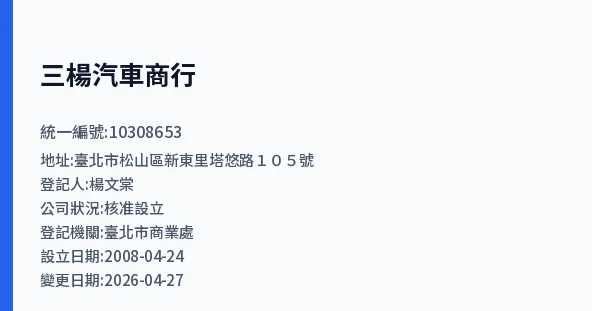 三楊汽車商行的照片-統編 10308653(臺北市) 公司登記資料與營業項目詳細圖表
