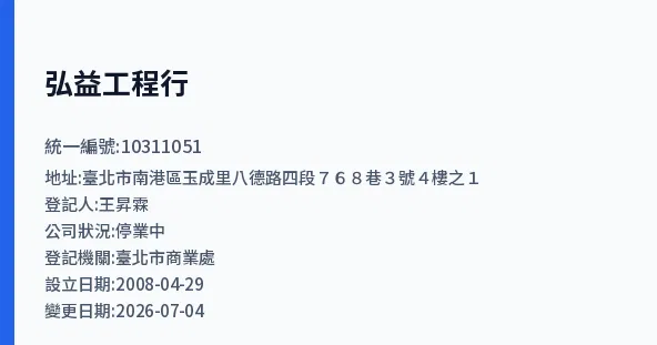 弘益工程行的照片-統編 10311051(臺北市) 公司登記資料與營業項目詳細圖表
