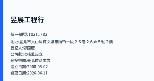 昱展工程行的照片-統編 10311783(臺北市) 公司登記資料與營業項目詳細圖表