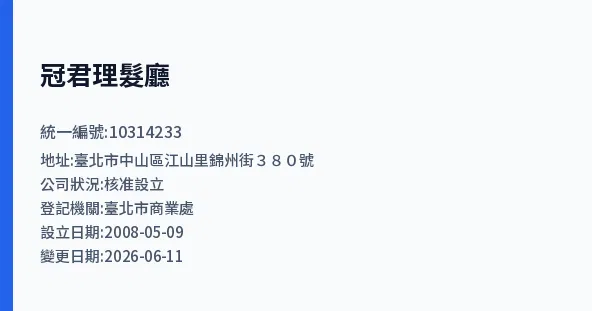 冠君理髮廳的照片-統編 10314233(臺北市) 公司登記資料與營業項目詳細圖表