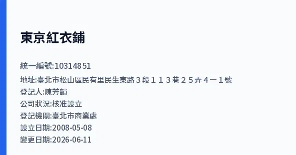 東京紅衣鋪的照片-統編 10314851(臺北市) 公司登記資料與營業項目詳細圖表
