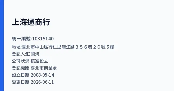 上海通商行的照片-統編 10315140(臺北市) 公司登記資料與營業項目詳細圖表