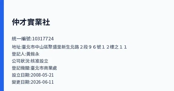 仲才實業社的照片-統編 10317724(臺北市) 公司登記資料與營業項目詳細圖表