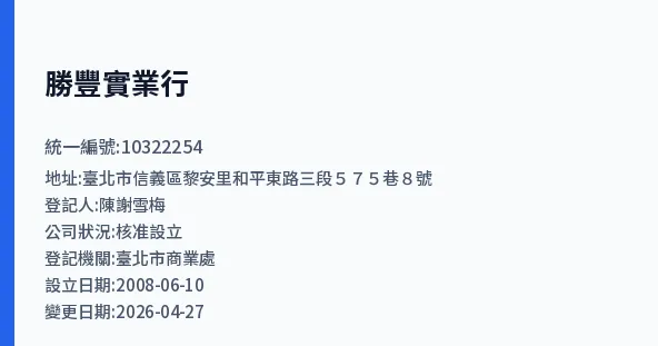 勝豐實業行的照片-統編 10322254(臺北市) 公司登記資料與營業項目詳細圖表