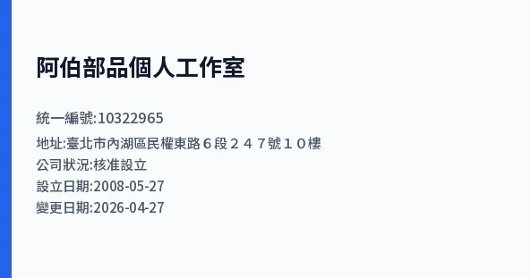 阿伯部品個人工作室的照片-統編 10322965(臺北市) 公司登記資料與營業項目詳細圖表