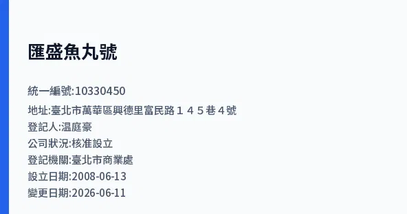 匯盛魚丸號的照片-統編 10330450(臺北市) 公司登記資料與營業項目詳細圖表