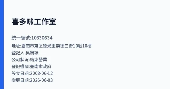 喜多咪工作室的照片-統編 10330634(臺南市) 公司登記資料與營業項目詳細圖表