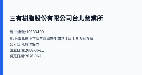 三有樹脂股份有限公司台北營業所的照片-統編 10333490(臺北市) 公司登記資料與營業項目詳細圖表