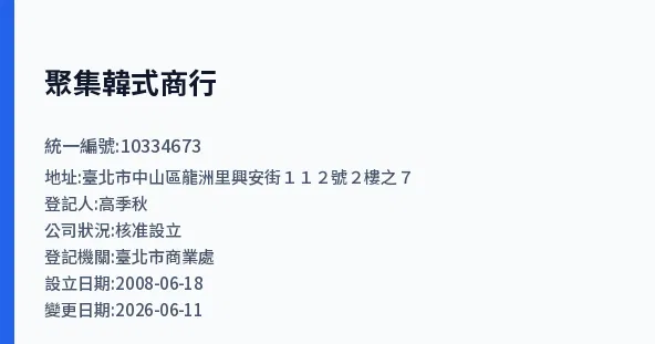 聚集韓式商行的照片-統編 10334673(臺北市) 公司登記資料與營業項目詳細圖表