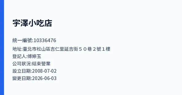 宇澤小吃店的照片-統編 10336476(臺北市) 公司登記資料與營業項目詳細圖表