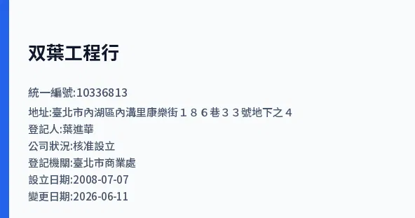 双葉工程行的照片-統編 10336813(臺北市) 公司登記資料與營業項目詳細圖表