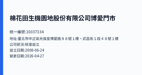 棉花田生機園地股份有限公司博愛門市的照片-統編 10337334(臺北市) 公司登記資料與營業項目詳細圖表