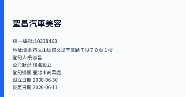 聖昌汽車美容的照片-統編 10338468(臺北市) 公司登記資料與營業項目詳細圖表
