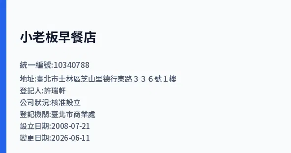 小老板早餐店的照片-統編 10340788(臺北市) 公司登記資料與營業項目詳細圖表