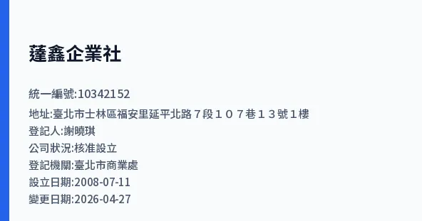 薘鑫企業社的照片-統編 10342152(臺北市) 公司登記資料與營業項目詳細圖表